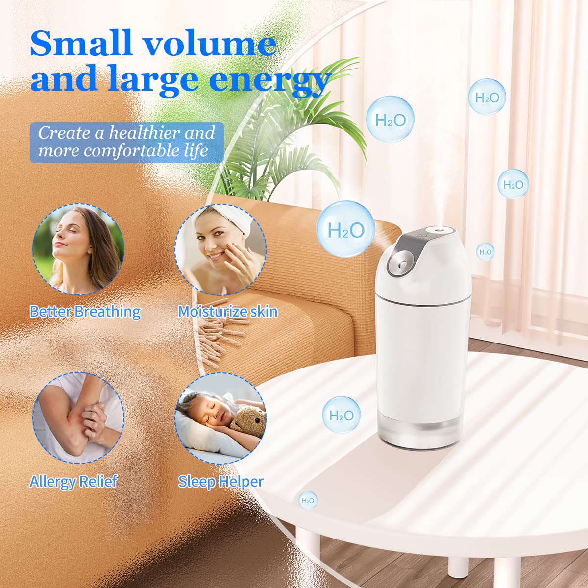 HandFun Mini Humidifier-Battery Operated 480ml Cordless Portable Small Humidifier USB Rechargeable Personal Desktop Humidifiers With Night Light & 4 Spray Modes for Car, Baby, Plants (White, 2600mAh)