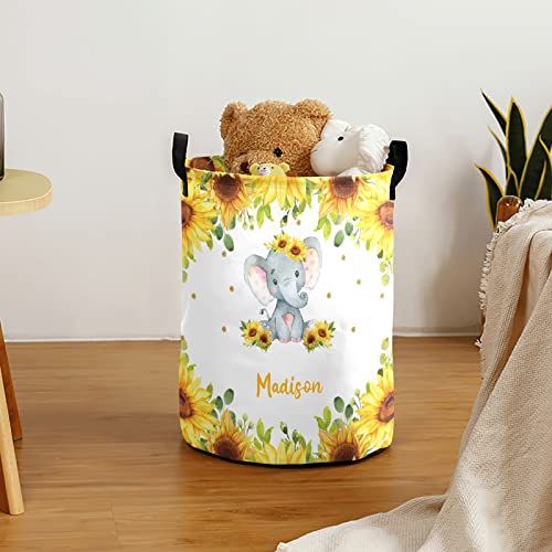 Cute Elephant Sunflower Personalized Laundry Hamper,Custom Name Collapsible Waterproof Laundry Basket Storage Bins with Handle for Clothes,Toy,Nursery