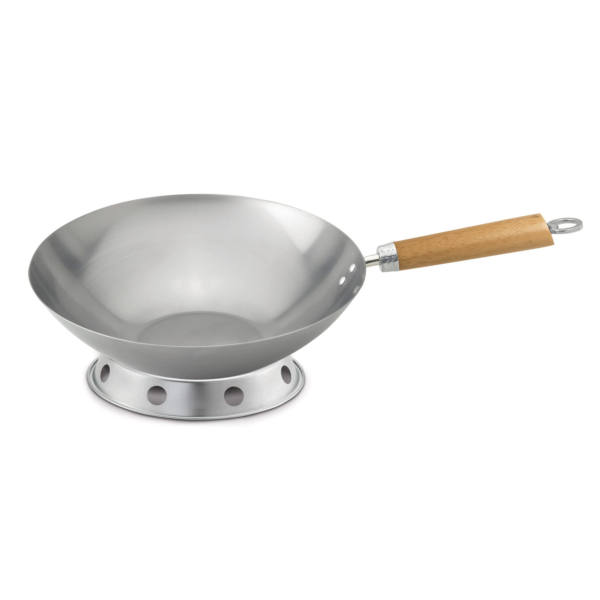 Helen's Asian Kitchen 97146 Round Bottom Wok, Carbon Steel and Bamboo, 12-Inches, 4-Piece Set, One Size, Black