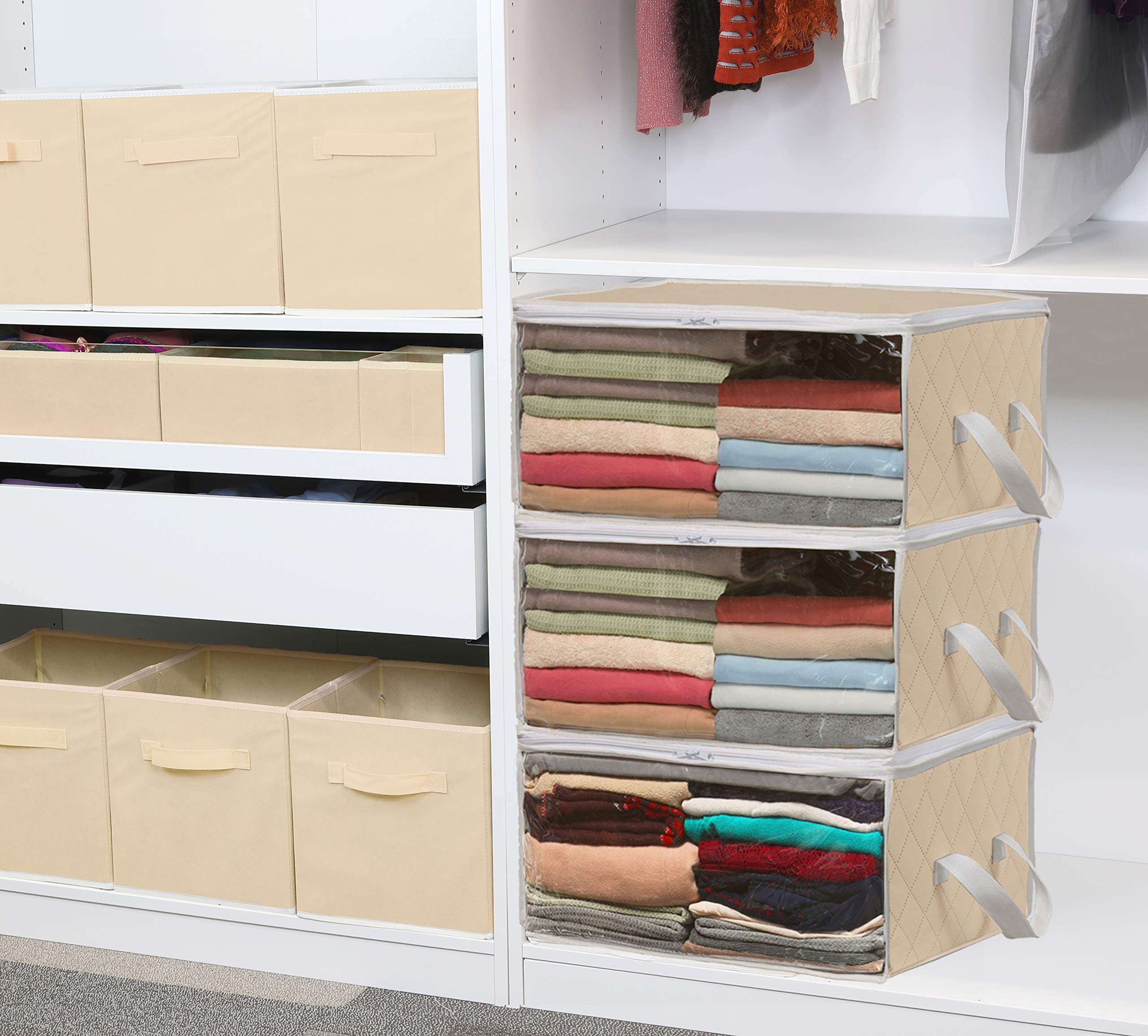 Simple Houseware 3 Pack Foldable Closet Organizer Clothing Storage Box with Clear Window, Beige