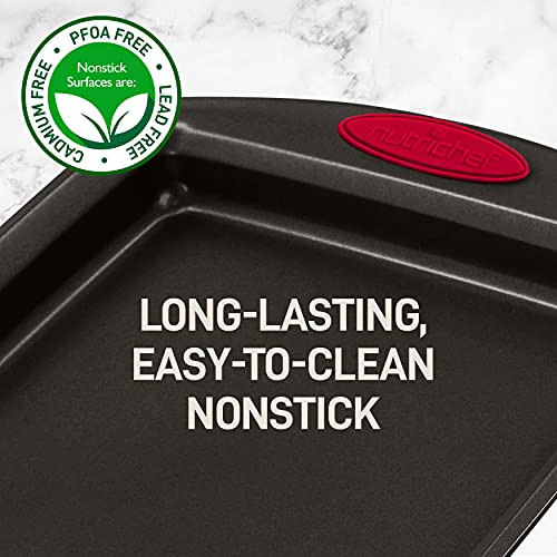 NutriChef 2-Piece Baking Pan Set - PFOA, PFOS, PTFE Free Flexible Nonstick Black Coating Carbon Steel Bakeware - Professional Home Kitchen Bake Cookie Sheet Stackable Tray w/Red Silicone Handles