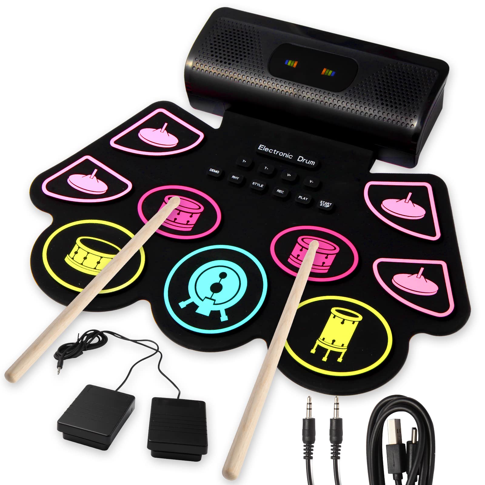 Electronic Drum Set for Kids 9 Drum Pad Portable Electronic Drum kit Beginner Practice Drum Set, Roll Up Drum Set with Speaker, Pedals and Sticks, Child's musical instrument