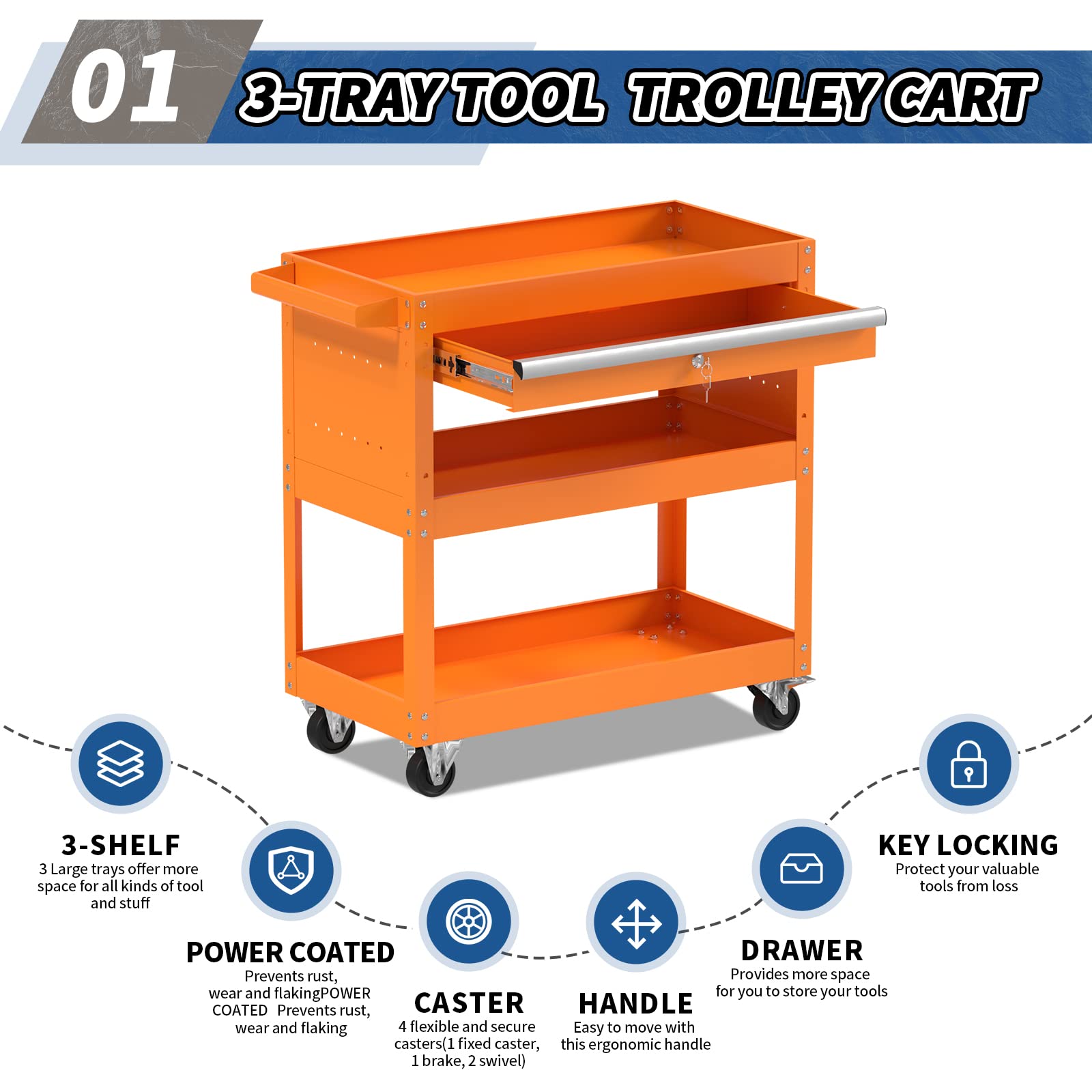 Generic 3-Tray Tool Cart on Wheels, Orange, 300 Lbs Capacity, with Drawers, Rolling Tool Cart, Ideal for Garage, Warehouse, Repair Shop