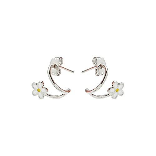 Pura Vida Silver Plated Charmed Illusion Huggie Earrings w/Enamel Flower - Brass Base, Sterling Silver Posts - 1 Pair