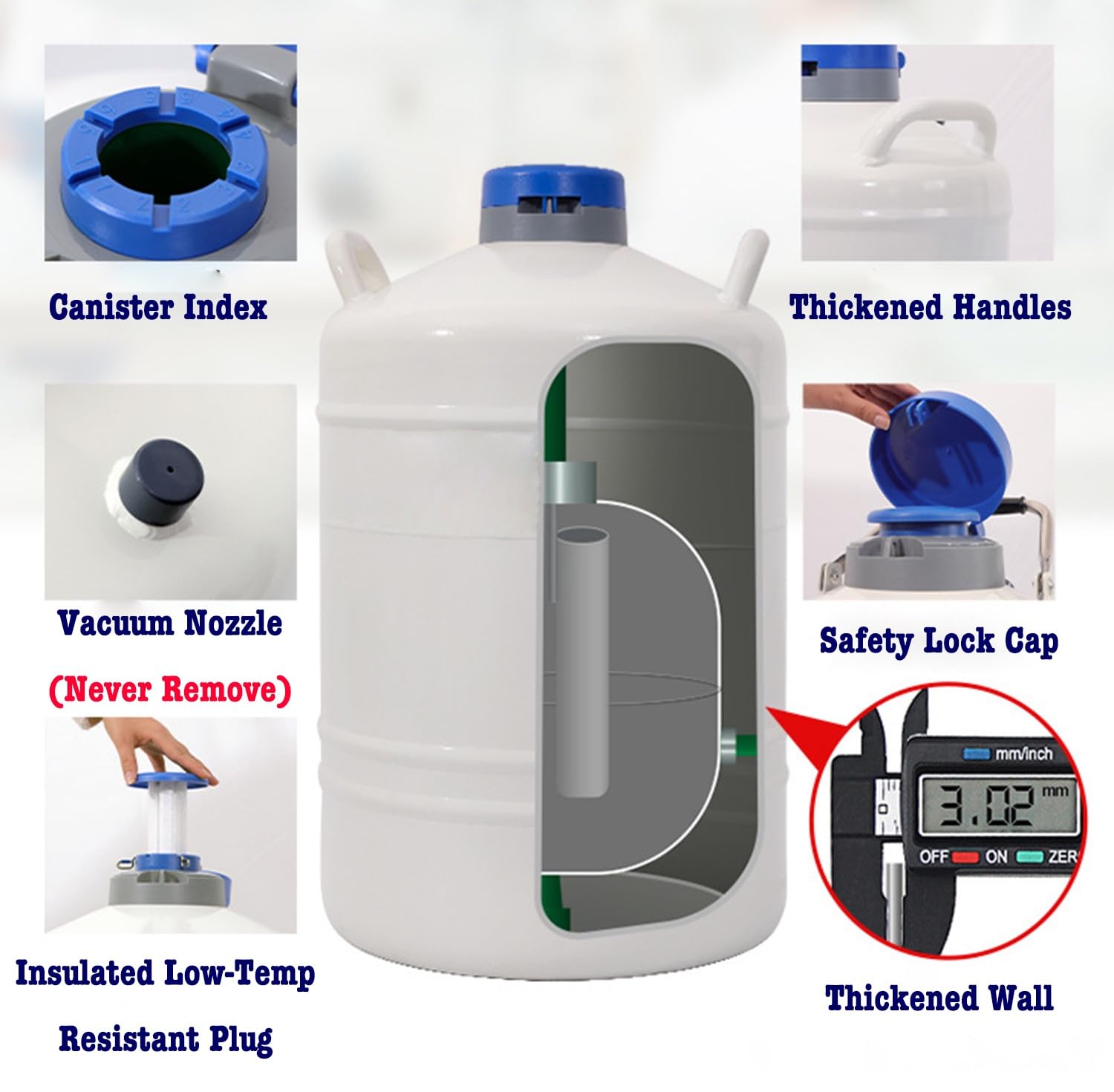 Generic Liquid Nitrogen Tank, 20L Cryogenic Container, Liquid Nitrogen Dewar, Liquid Nitrogen Container with Lock Cap, 6X Canisters & Protective Bag, Mouth Ø50mm, Static Storage 178 Days