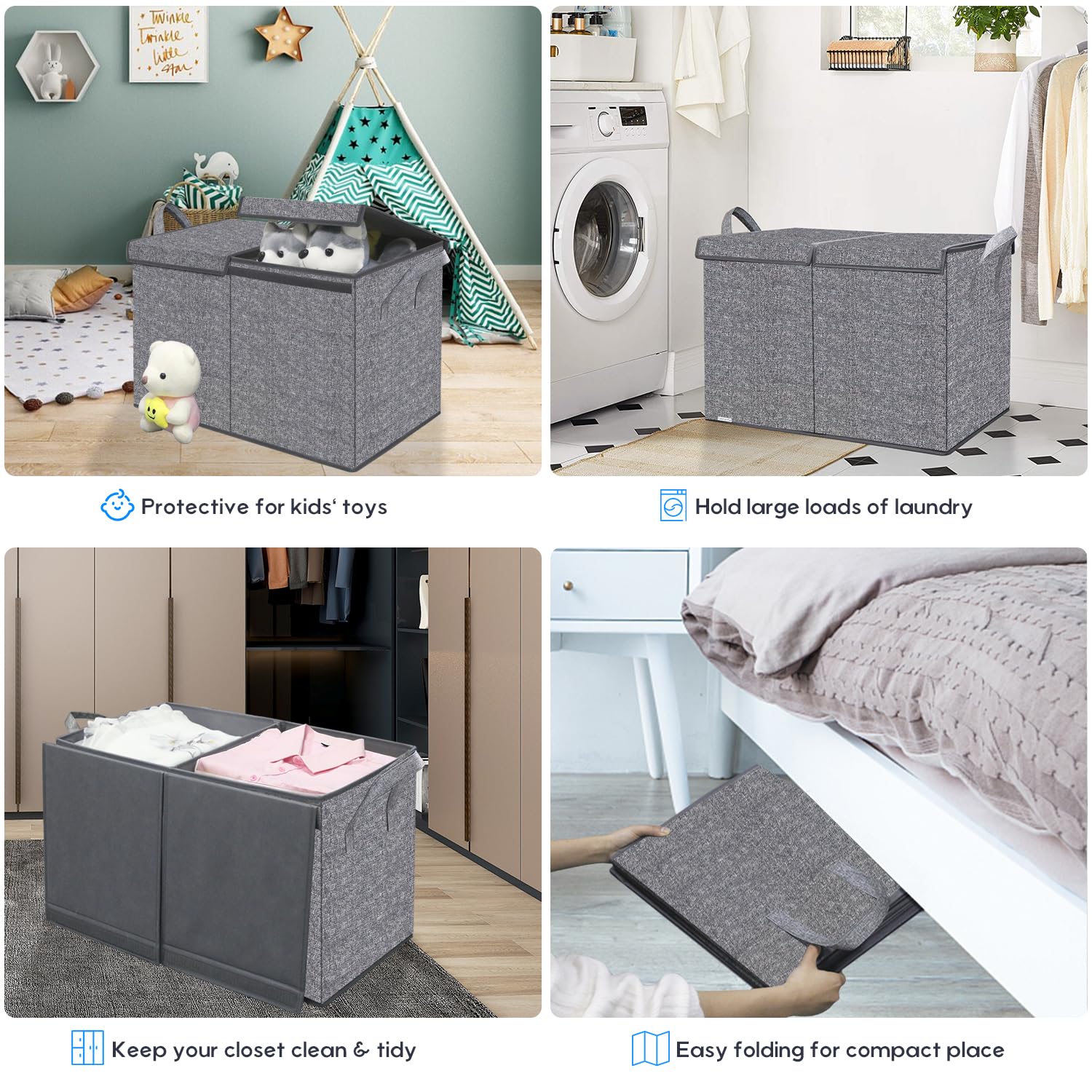 Friday Monkey Sturdy Large Toy Box Chest with Lids & Handles, Foldable Toys Storage Organizer Bin Basket for Boys, Girls, Kids, Playroom, Nursery, Utility Room, 25x13x16 inch, Light Grey, ZMGCWJX
