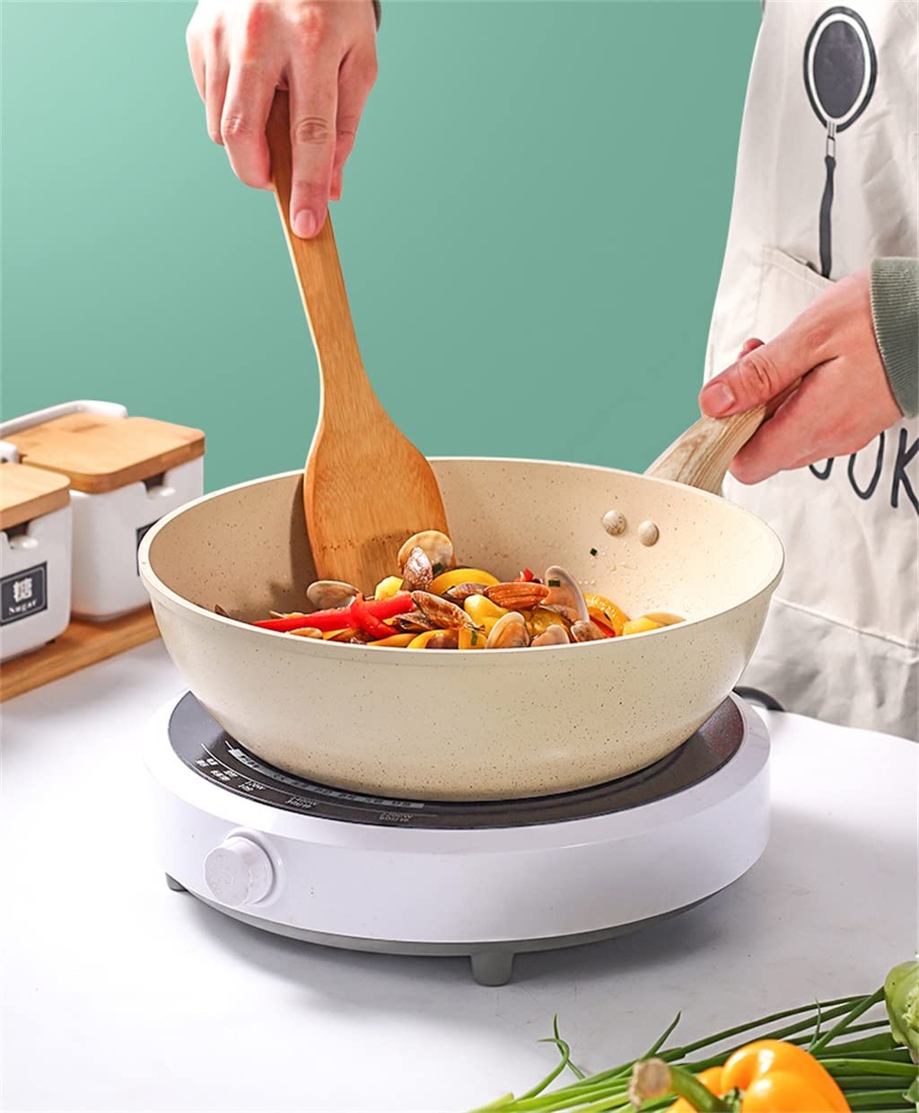 DHTDVD Frying Pot Thickened Omelet Pan Wok Home Non Stick Pan Kitchen Cooking Breakfast Maker Gas Induction Cooker (Color : Beige, Size : 24cm)