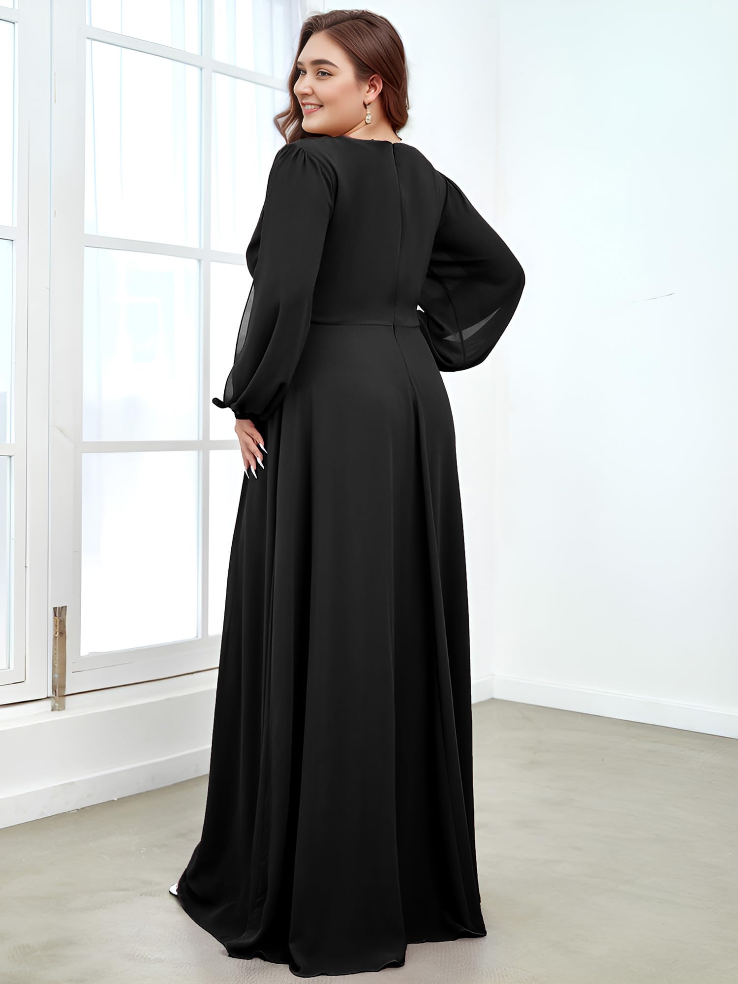 Ever-Pretty Plus Womens A-line Long Side Slit Sleeves Bidesmaid Dress for Wedding Plus Size Black US26