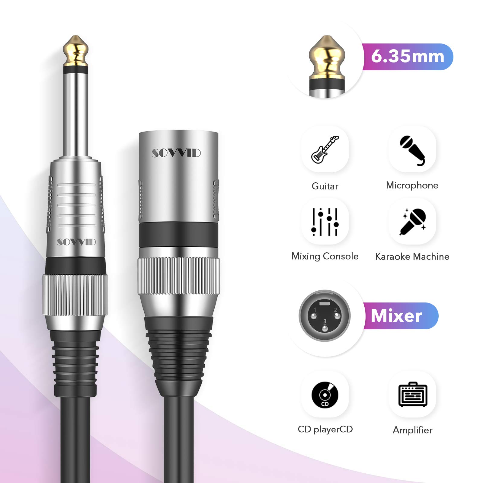 Sovvid 3FT XLR Male to 1/4 Cable 6.35mm Microphone Cord TS Mono 3 Pin Male to Quarter inch TS Male Unbalanced Interconnect Wire Mic Cord