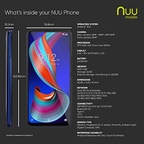 NUU Mobile G5 Unlocked Android 10 Smartphone Cell Phone (4G LTE 64GB + 4GB RAM) Ultra-Wide HD+ Screen, Long-Lasting Battery