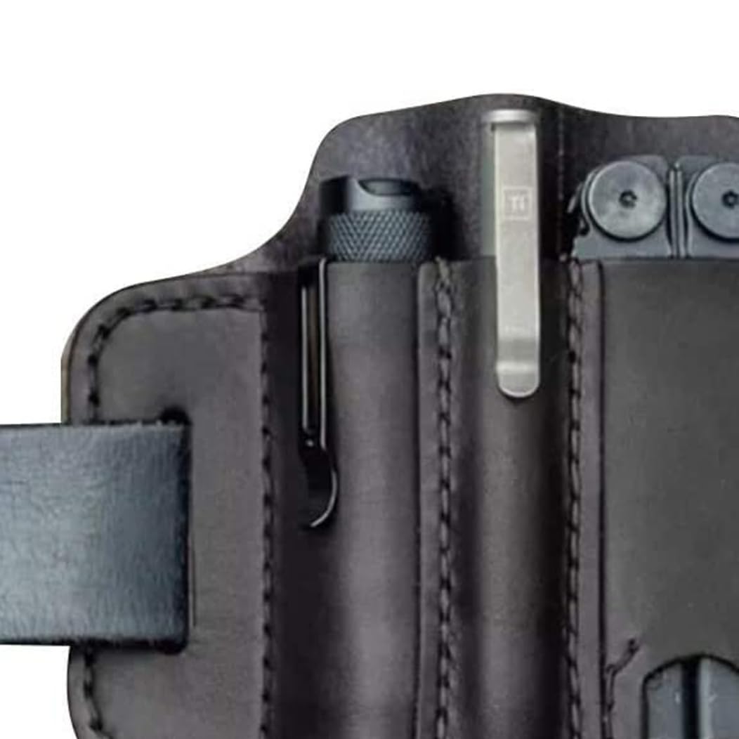 Leather Multitool Sheath for Belt, EDC Pocket Organizer with Key Holder, Storage Belt Waist Bag Flashlight, Multitool Pouch for Men Camping (Black).