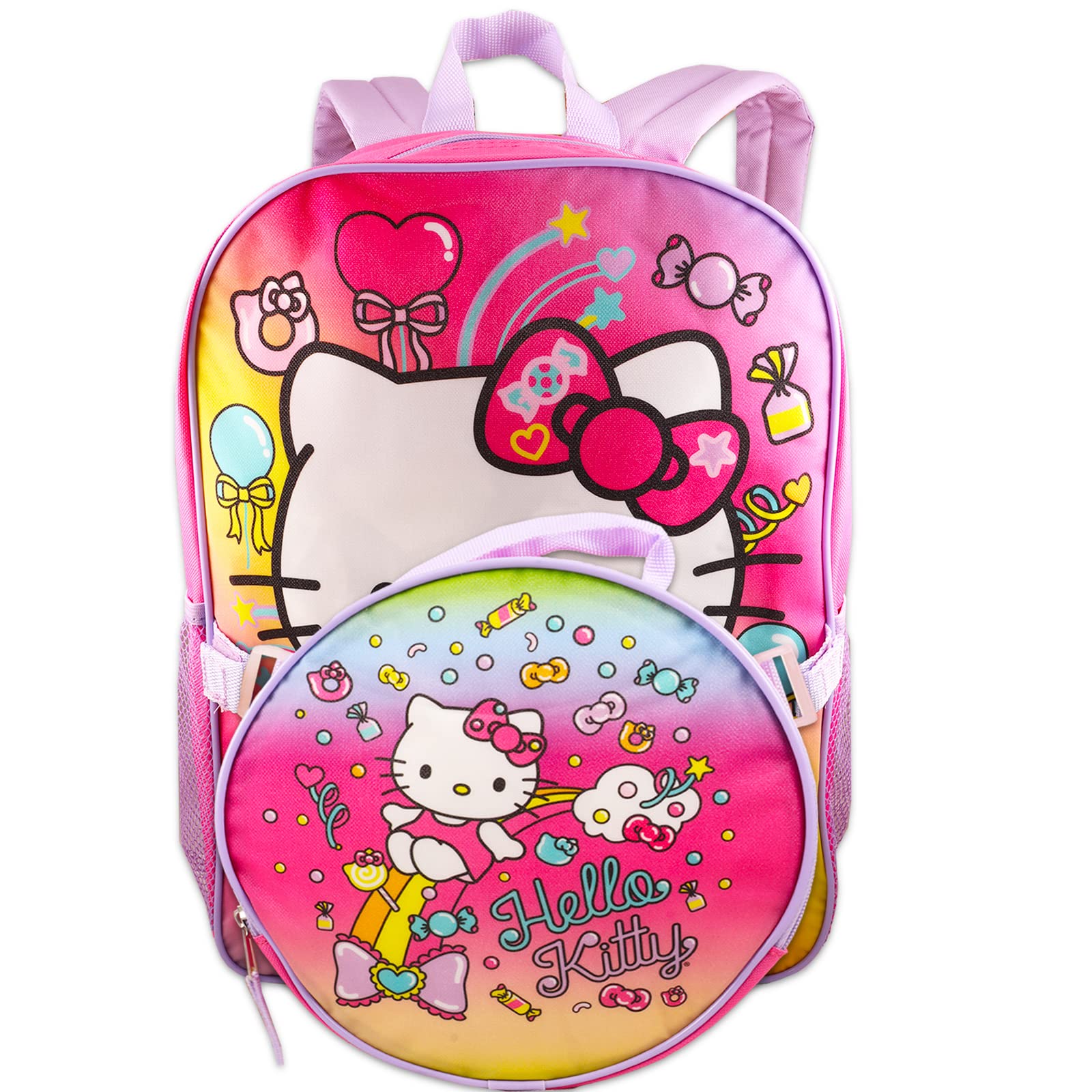 Hello Kitty Backpack Lunch Box for Girls, Kids ~ 4 Pc Bundle with 16" Pink Hello Kitty School Bag, Lunch Bag, Stickers, More (Hello Kitty School Supplies Stuff)