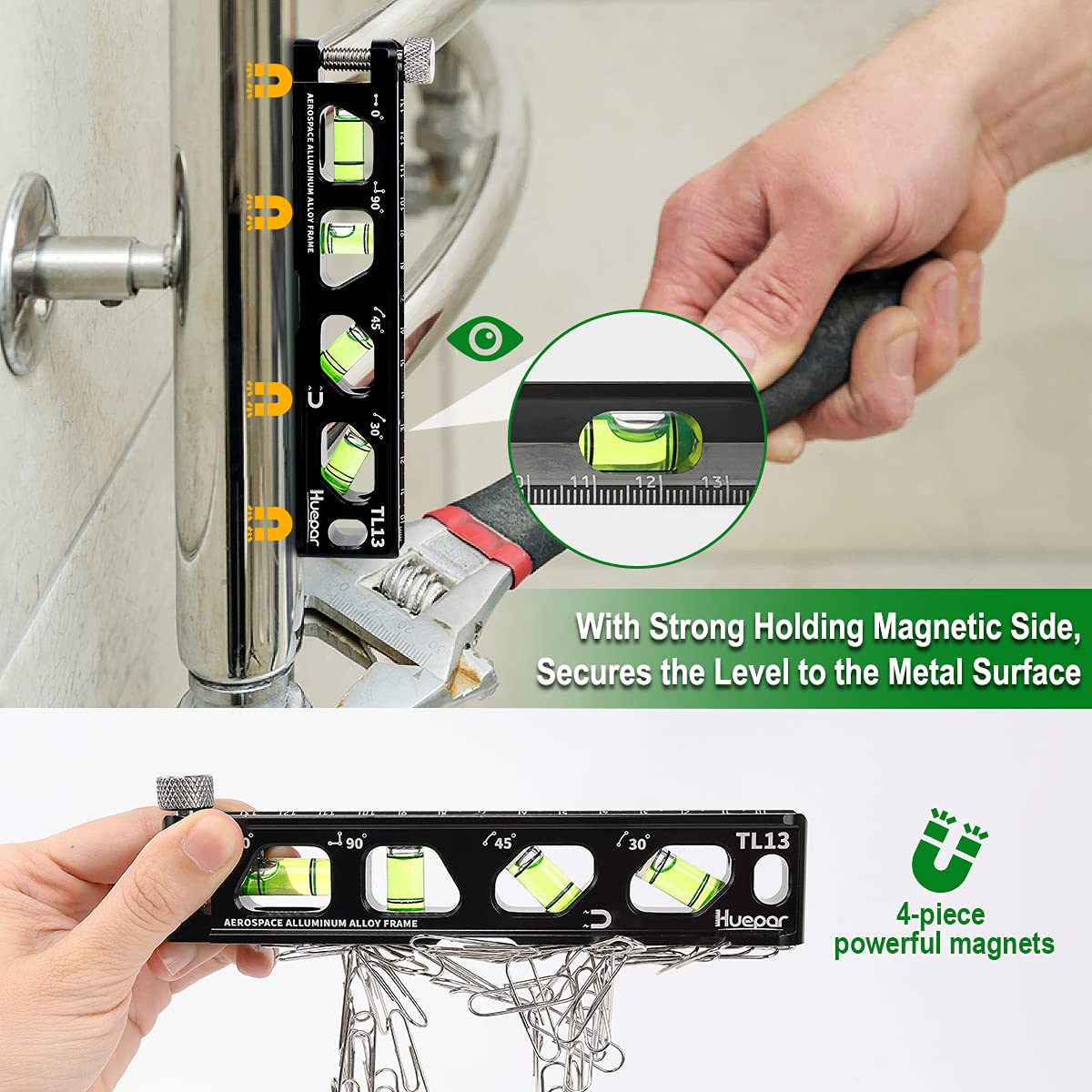 Huepar Torpedo Level, Magnetic Conduit Level with 4 Vials, 6.2 inch Aluminum Alloy Construction Spirit Level with V-Groove and Magnet Track, High Precision Bubble Level, Double Scale, Thumb Screw-TL13