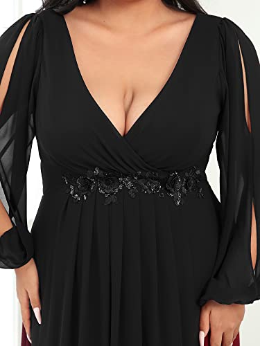 Ever-Pretty Plus Women's Plus Size A-line Floor-Length Long Sleeves V Neck Formal Party Dress Black US20