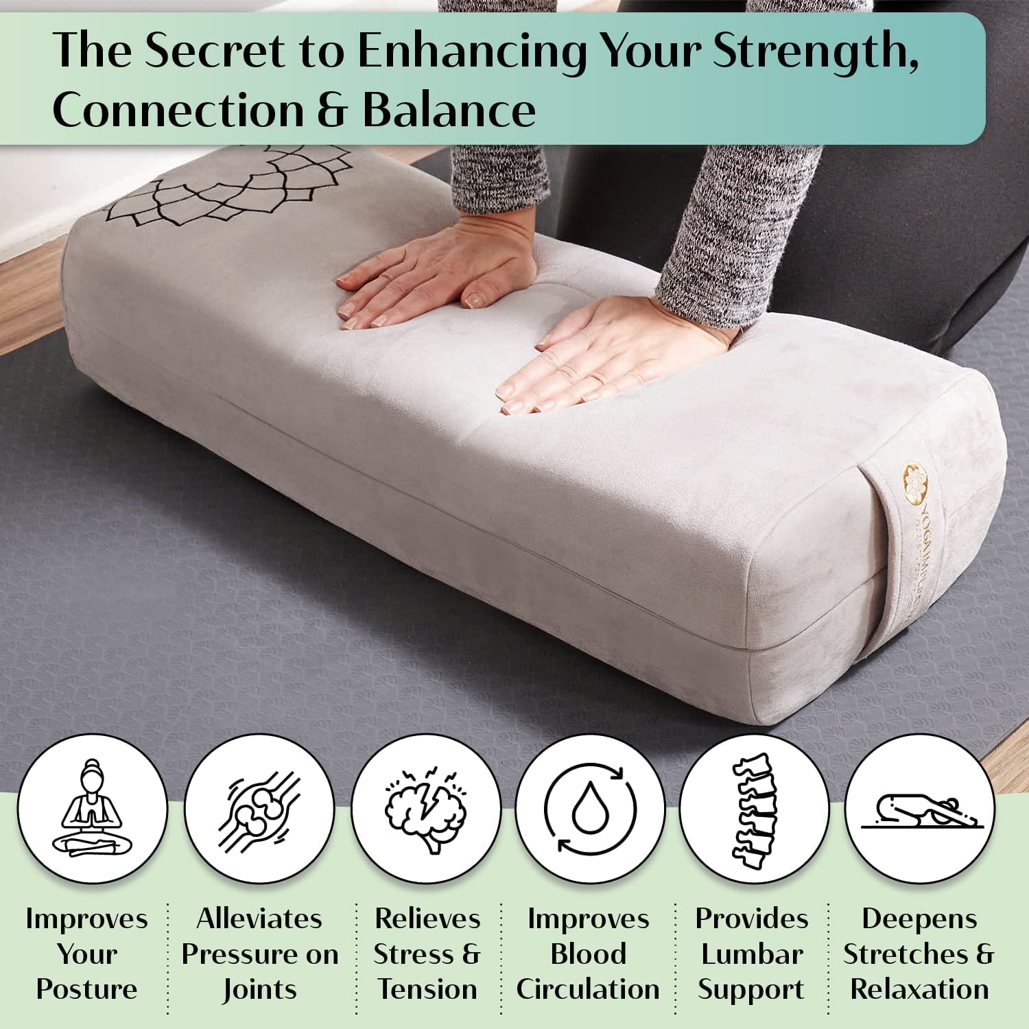 Embroidered Yoga Bolster Pillow for Restorative Yoga with Carrying Bag - Rectangular Yoga Pillow, Meditation Cushion for Pressure Relief, Support & Practice Enhancement - 25.9 x 10.2 x 5.9 IN, Grey