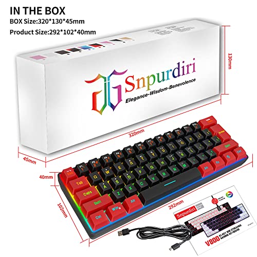 Snpurdiri 60% Wired Gaming Keyboard, True RGB Mini Quiet Ergonomic Water-Resistant Small Keyboard for Work, Gaming,Office (Red-Black)