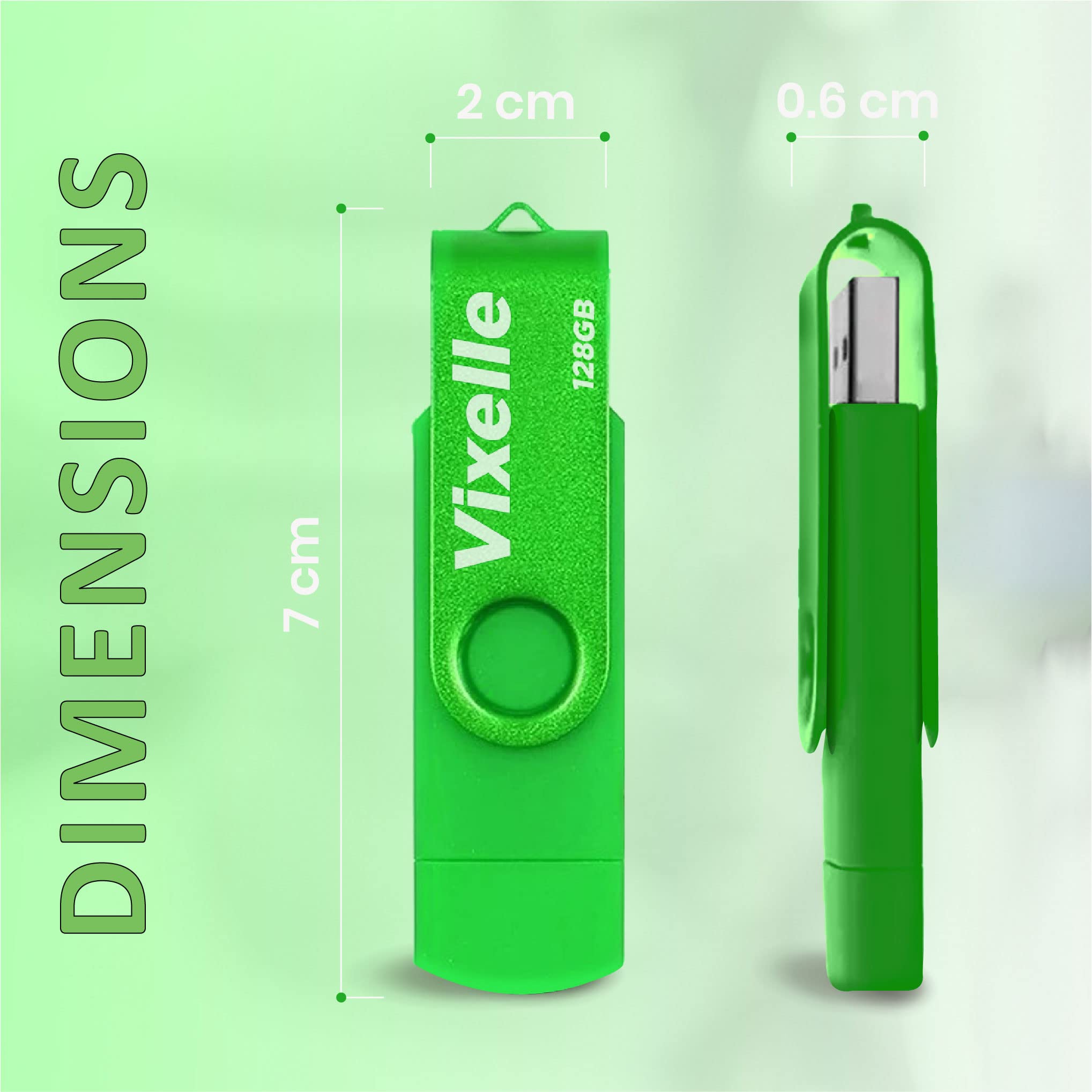 Vixelle 128GB High Speed USB 3.0 Type-C Flash Drive with Lanyard – 2in1 Dual USB C Memory Stick - 360° Swivel Pen Drive with Keychain Loop – 128GB USB Stick for Smartphone, Tablet & Computer - Green
