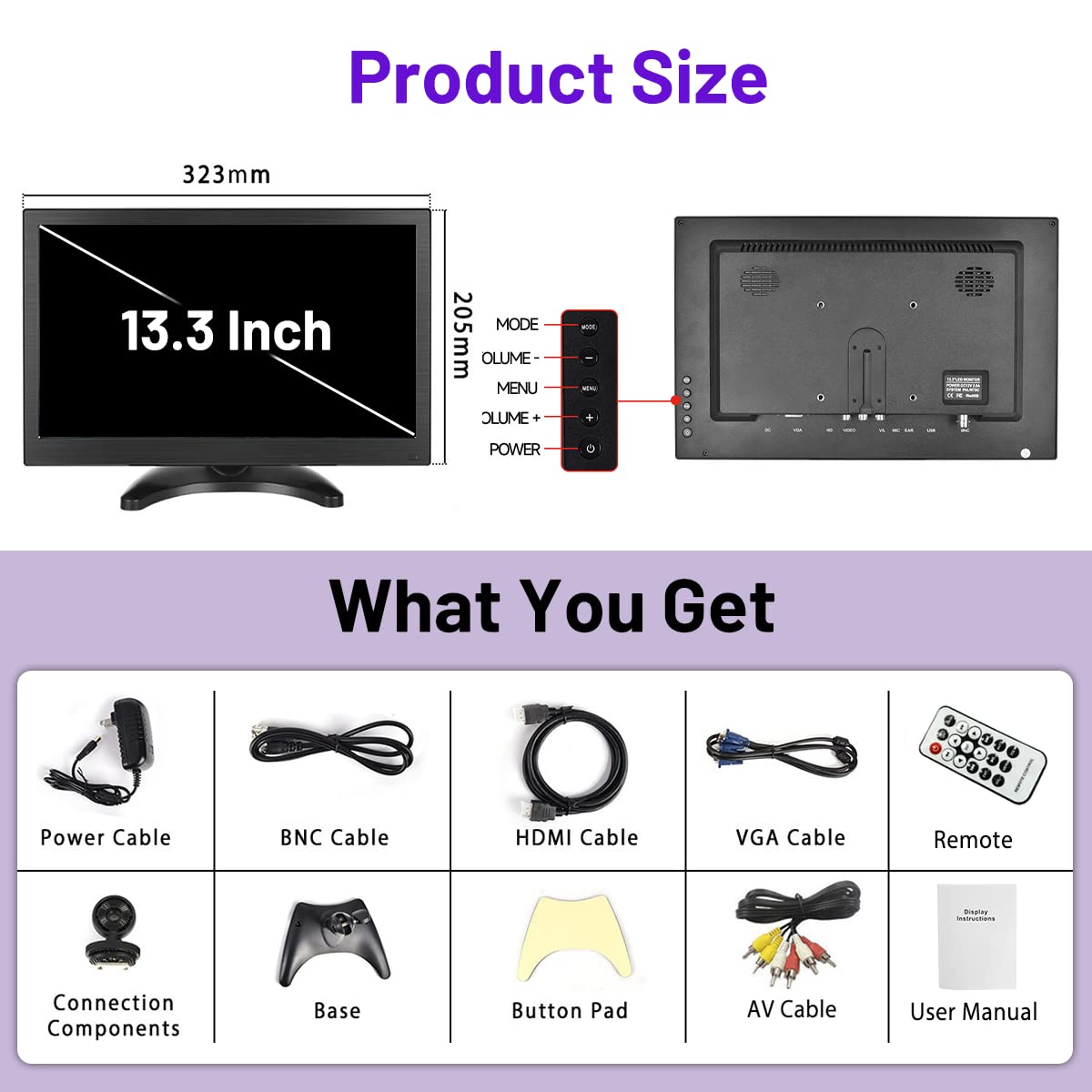 Hikity 13.3 Inch Small Security Monitor 1920x1080P Portable Monitors with BNC, AVI, VGA, HDMI Input Cable, Remote Control, Built-in Speakers, for Gaming, CCTV, Security Camera, Raspberry Pi, X-Box