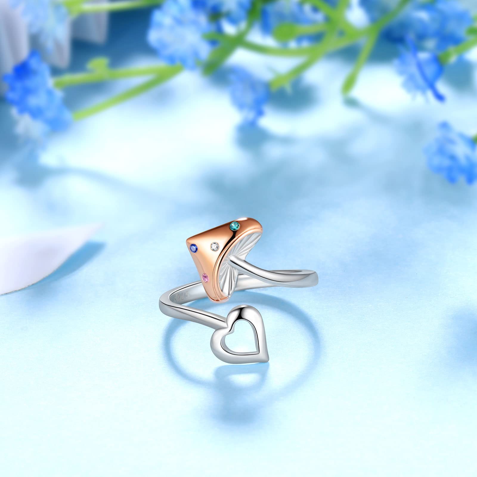 Cute Red Mushroom Ring Women Love Hearts Adjustable Open Ring Rose Gold Over 925 Sterling Silver Two Tones Colorful Crystal Mushroom Stackable Ring Mushroom Gift for Birthday Friendship FR0062W
