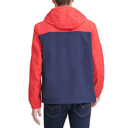 Tommy Hilfiger Men's Lightweight Taslan Hooded Popover Windbreaker Jacket Outerwear, -Red/Navy Color Block, Large