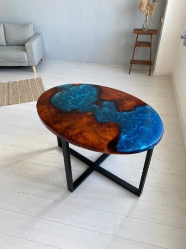 Oval Shape Epoxy Coffee Table with Blue Resin River, Custom Round Acacia Wood Side Circle, Wide Blue Resin River, Blue River Epoxy Table (18X18)