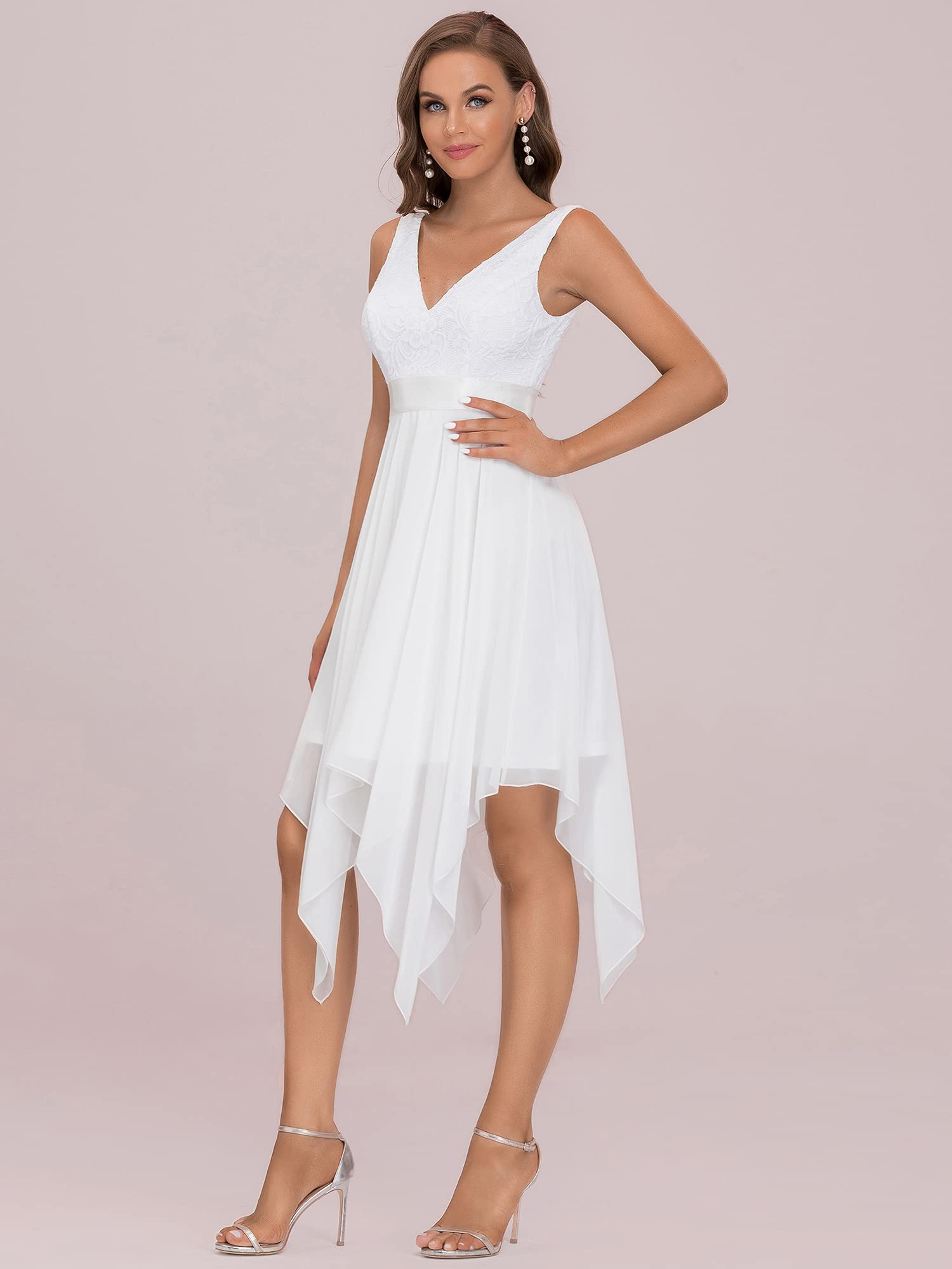 Ever-Pretty Womens Tea-Length V Neck Chiffon Formal Dress for Party White US8