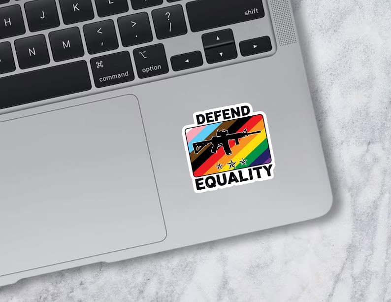 Miraki Defend Equality Sticker, Funny Gun Sticker, Progress Pride Flag and Rifle Sticker, LGBT Sticker, Water Assitant Die-Cut Vinyl Funny Decals for Laptop, Phone, Water Bottles, Kindle Sticker