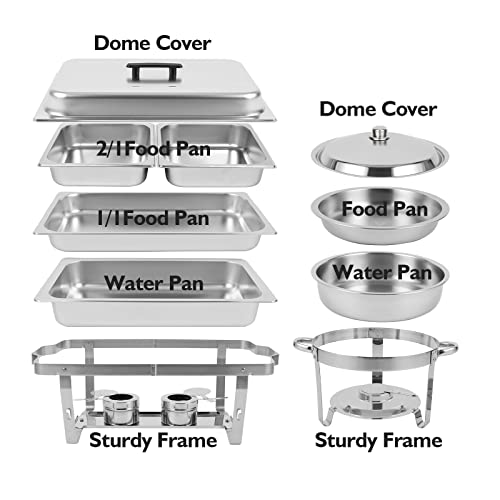 Restlrious Chafing Dish Buffet Set 6 Pks, Stainless Steel 5QT Round & 8QT Rectangle Foldable Chafers & Buffet Warmers Set, w/Full & Half Size Food Pan, Water Pan, Fuel Holder & Lid for Catering Event