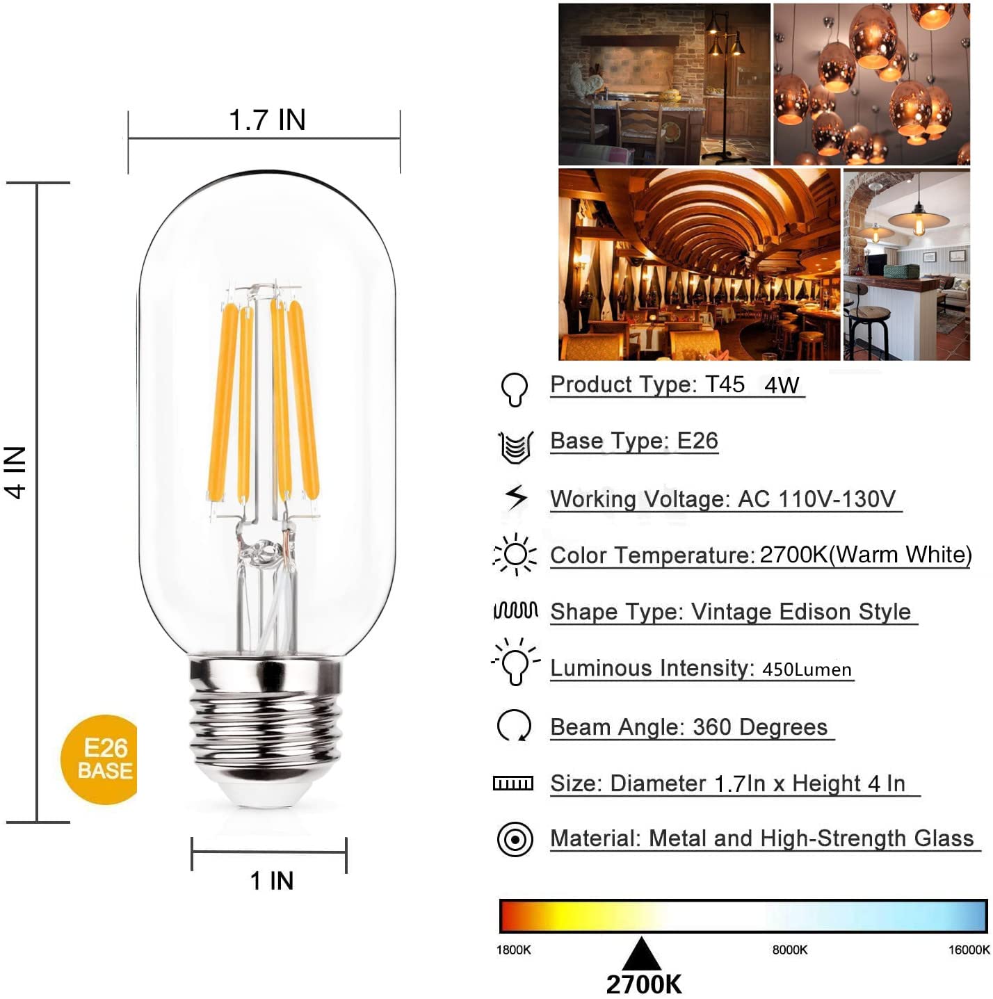 NOTOC E26 LED Light Bulb 4W,Equivalent 40W,E26 Tubular Light Bulb Non Dimmable 2700K Warm White,Antique Clear Edison Filament Bulb,Pack of 6