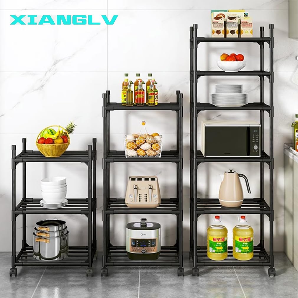 MOTTLED SKY Black Shelving Unit, 42 x 32 x 165 cm, 6 Tier Tall Narrow Shelving Unit with Wheels and Anti-Slip Feet, Adjustable Shelving & Storage Rack for Garage, Bathroom, Kitchen, Corner