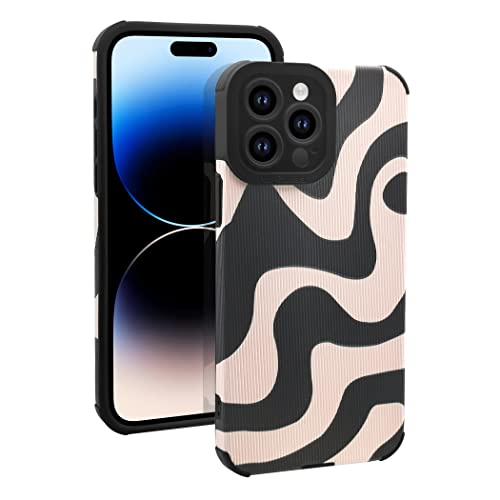 INJPCUCA Designed for iPhone 14 Pro Max Case Cute Wave Pattern Design Black Protective Case for Women Girls PU Leather Silicone Slim Shockproof Cover for iPhone 14 Pro Max 6.7", Beige Pink