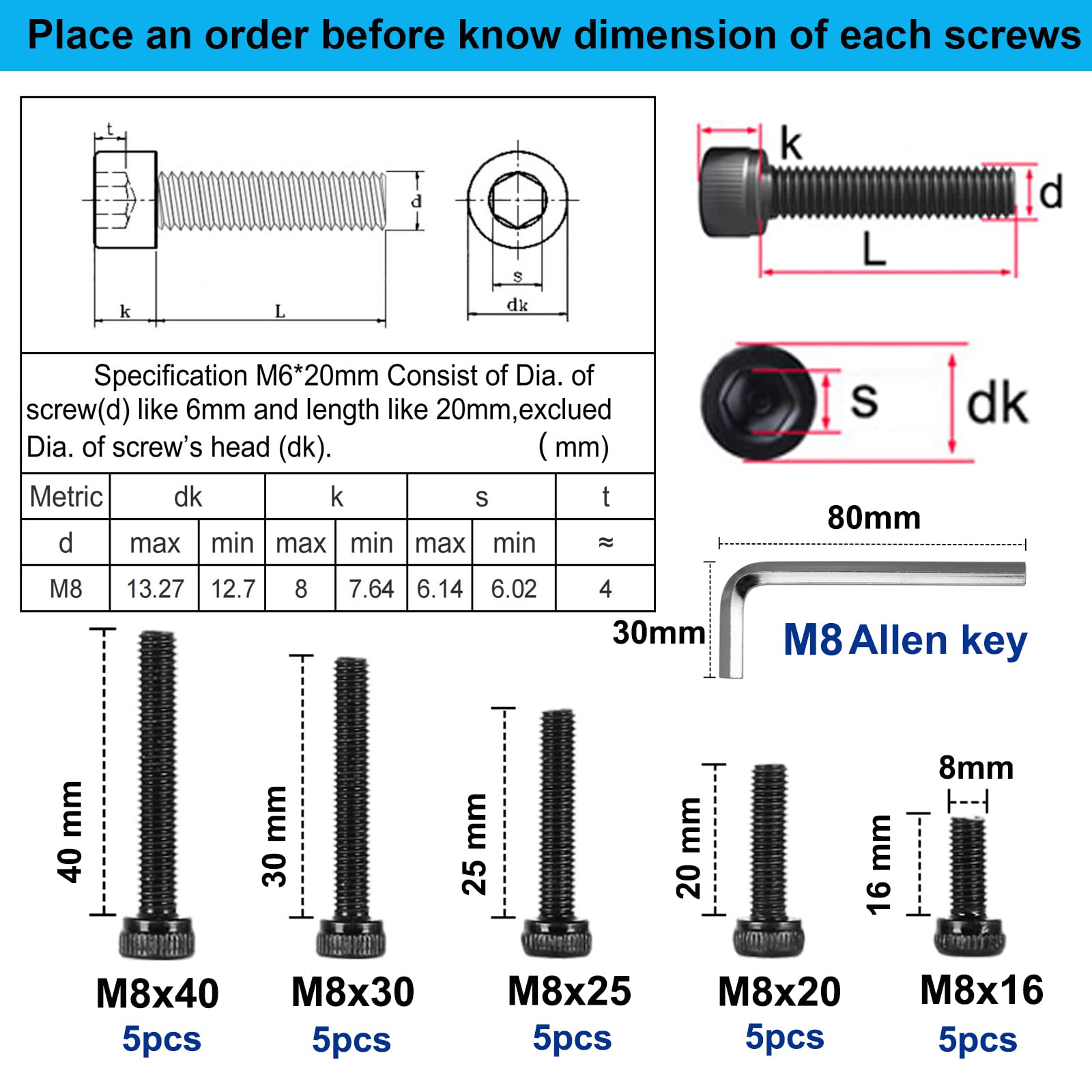 HanTof 70PCS Grade 12.9 Alloy Steel Hex Socket Head Cap Screws Bolts, M6 x 8/12/16/20/30mm Allen Head Hex Drive Machine Screws Set with Hex Wrenches, Black Oxide Finish, Fully Threaded Pitch : 1.0 mm