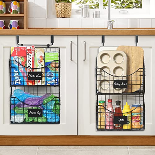 Over The Cabinet Door Organizer 4 Pack, Over Door Storage Basket with Name Plate Hooks for Cutting Board Foils Cookie Sheet, Grid Storage Bin Basket Holder Rack for Kitchen Pantry Bathroom