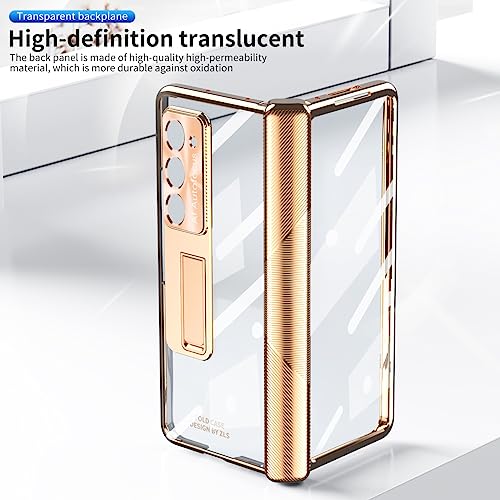 PUROOM for Samsung Galaxy Z Fold 5 Hinge Coverage Protective Case Transparent Plating PC with Pen Holder Kickstand Screen Protector All-Inclusive Case (z fold 5, Gold)