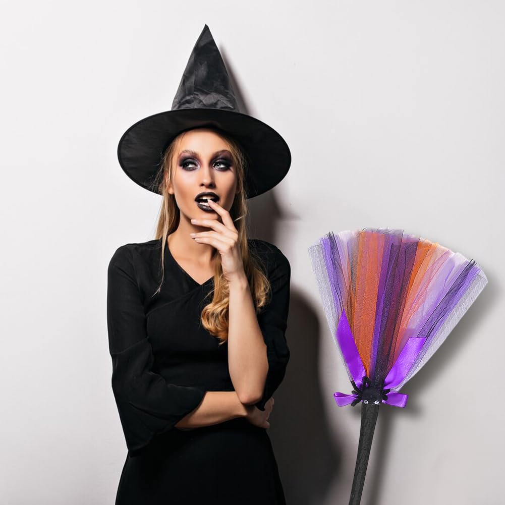 Halloween Witch Broom, 42'' Witch Broomstick Wizard Flying Gauze Broom, Witch Accessories Witch Decor for Cosplay Broom Props Dress up Halloween Party Decorations(A)