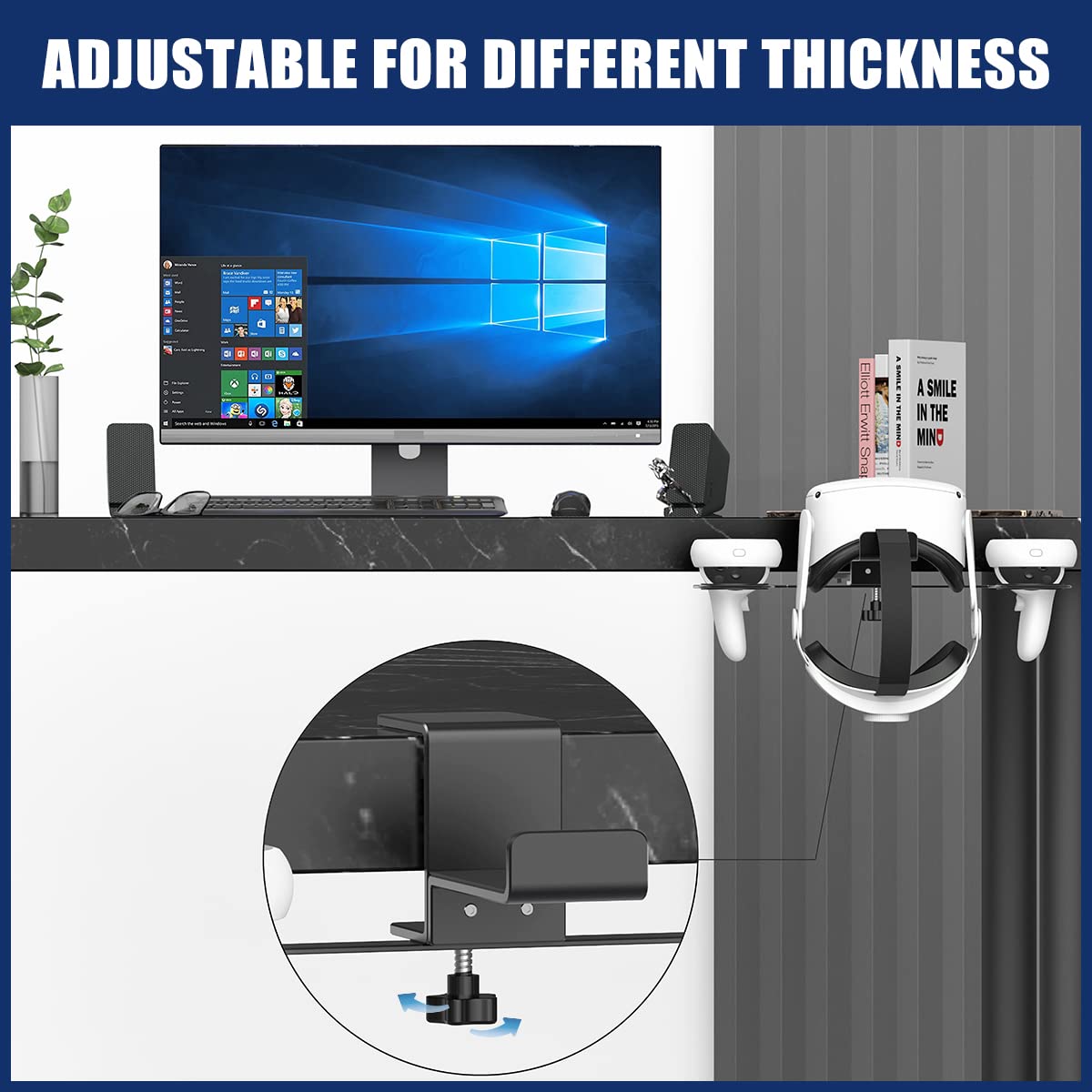 Dollox VR Stand VR Display Holder Under Desk Virtual Reality Headsets Metal Stand Storage Hook Universal Clamp on Desk Hanger Hooks for Oculus Quest 2/Quest/Rift S, HTC Vive Pro, PSVR 2