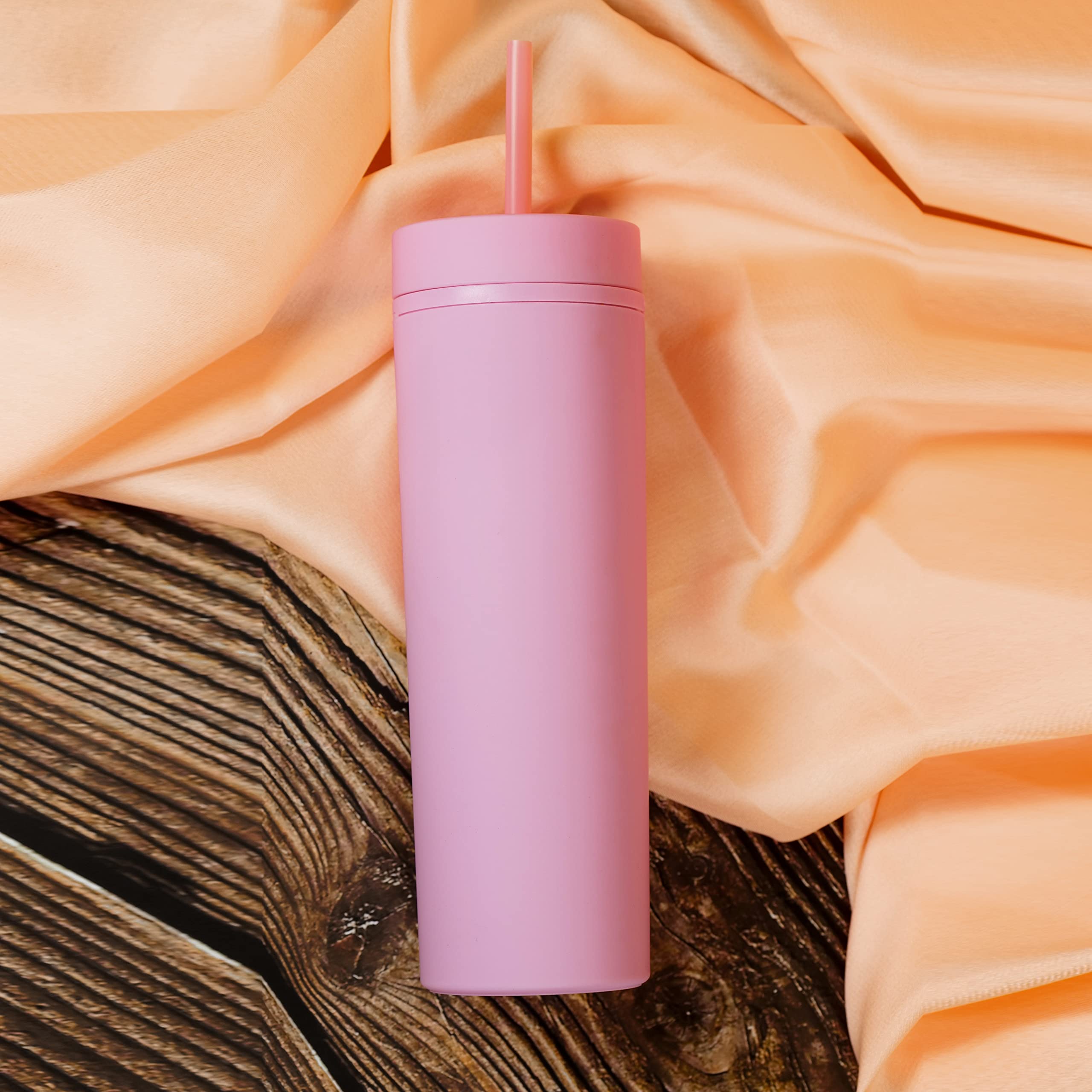 Ezhydrate SKINNY TUMBLERS (1 Pack)- LIGHT PINK- Matte Pastel Colored Acrylic Single Tumbler with Lid and Straw | 16oz Double Wall Reusable Plastic Tumbler w Straw Cleaner INCLUDED