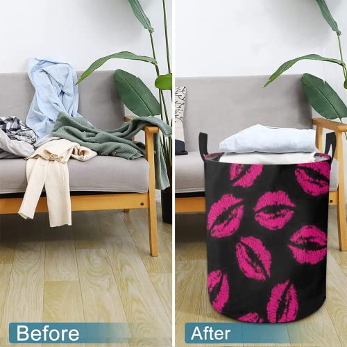 Purple Lips on Black Laundry Hamper Basket Bucket Foldable Dirty Clothes Bag Waterproof Fabric Washing Bin Toy Storage with Handles for Bathroom Bedroom