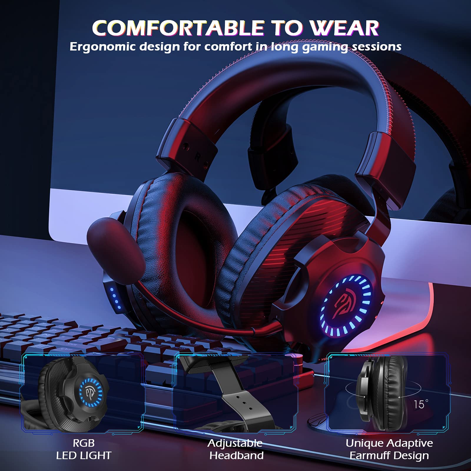 EasySMX 2.4G Wireless Gaming Headset PS5/PS4/PC V07W Noise Cancelling Over Ear 7.1 Surround Gaming Headphones with Detachable Mic, RGB Lighting, Soft Memory Earmuffs, Wired Mode for Xbox One