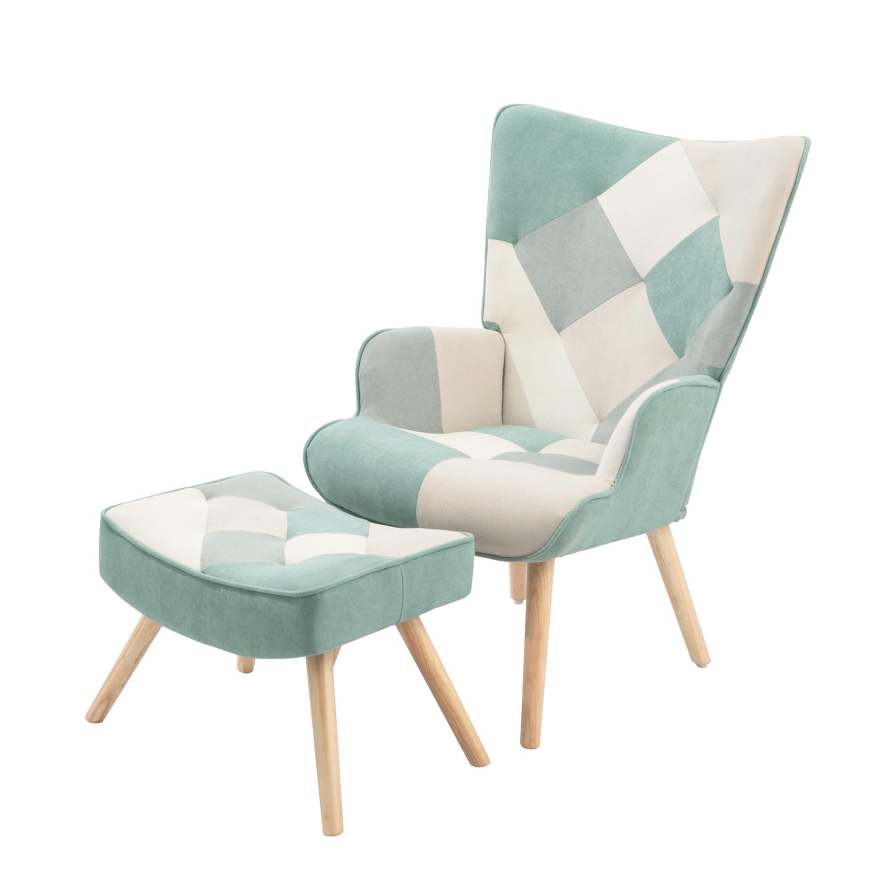 Dolonm Accent Chair with Ottoman Set Modern Lounge Wingback Armchair with Footrest Single Sofa Reading Chair with Solid Wood Legs for Bedroom Living Room (Beige)