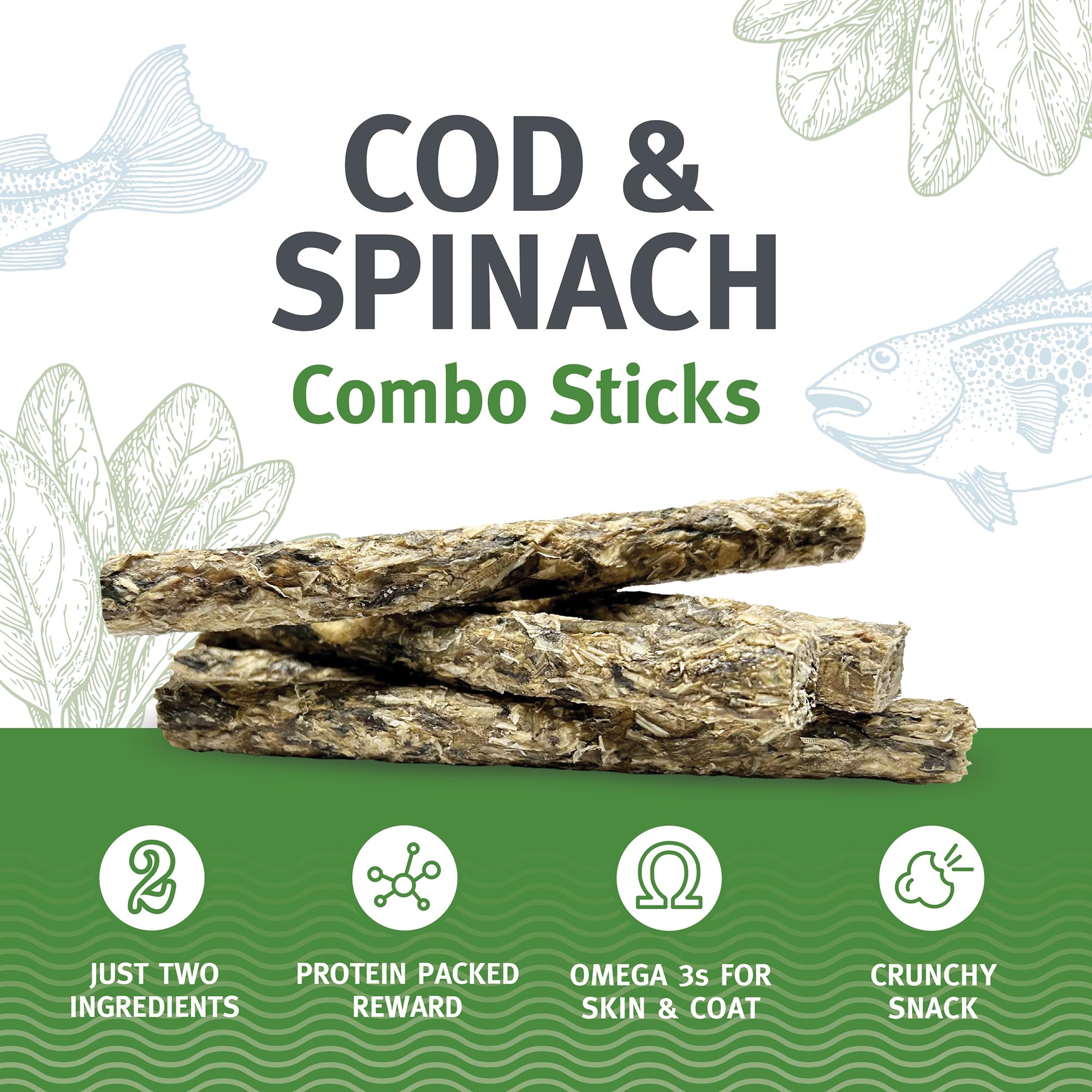 Icelandic+ Combo Sticks: Cod & Spinach - 2oz - Dog Treats, Crunchy 2 Ingredient Pet Snacks, Preservative Free, Wild Caught Fish, Slow Baked, Natural