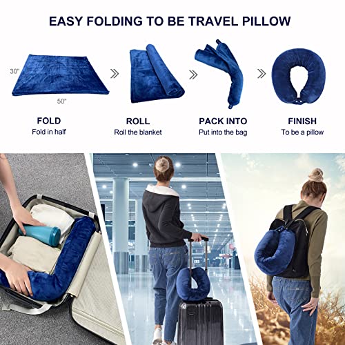 SOCHOW Travel Blanket or Neck Pillow, 2-in-1 Soft Fleece Blanket with Neck Pillowcase Sets for Airplane Car Camping and Office, Navy Blue