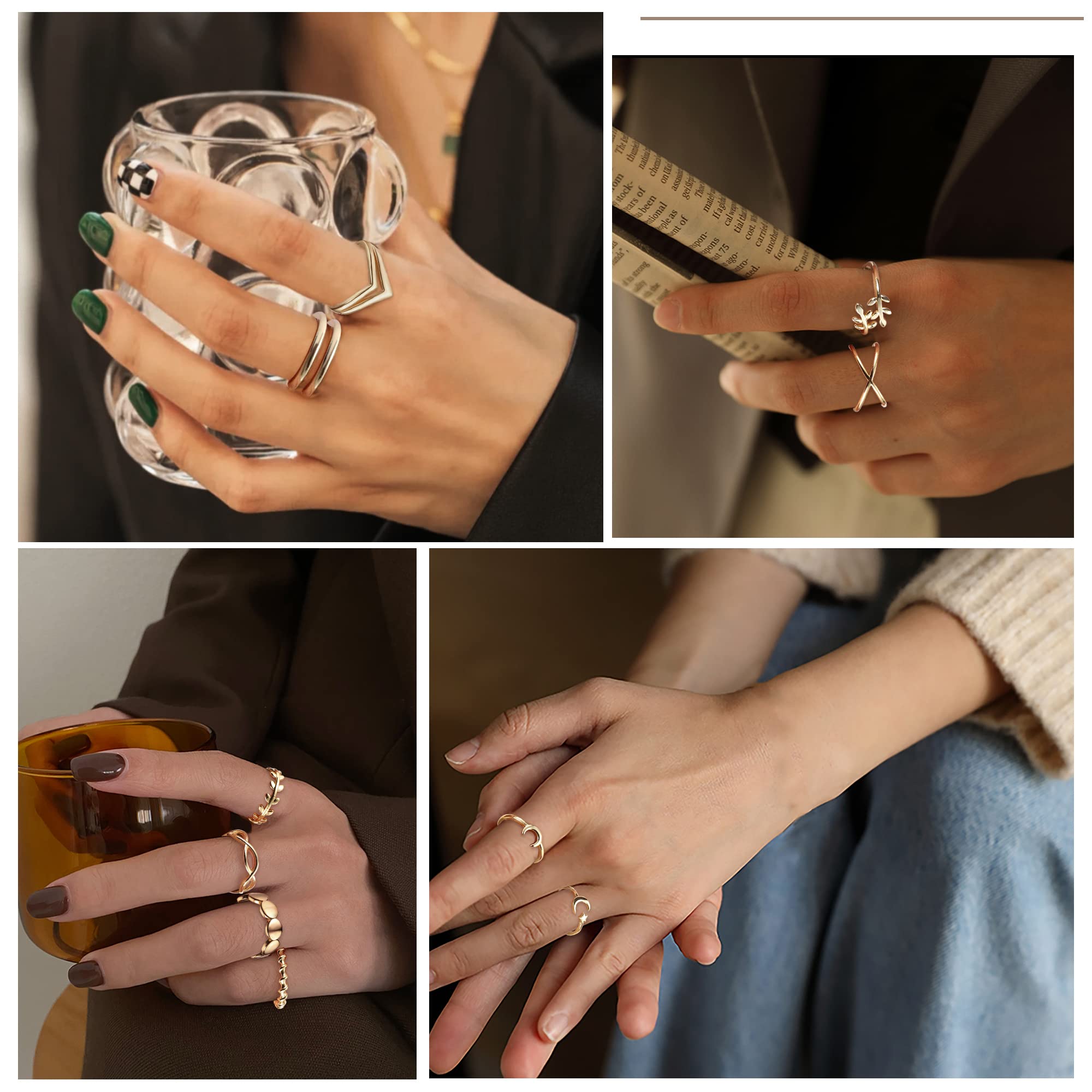 DOLOTTA 12 Pcs Adjustable Knuckle Rings for Women Arrow Knot Wave Rings Stackable Rings Thumb Open Ring Set
