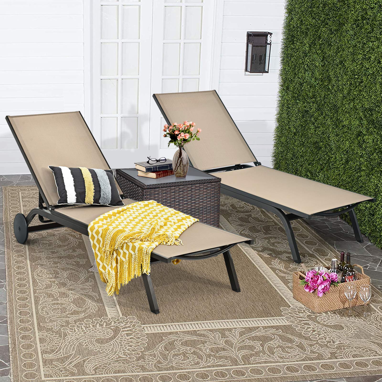 Tangkula Outdoor Aluminum Chaise Lounge, Patio Lounge Recliner Chair w/6 Adjustable Backrest, Reclining Chaise Chair with Wheels for Beach, Yard, Balcony, Poolside (2, Brown)