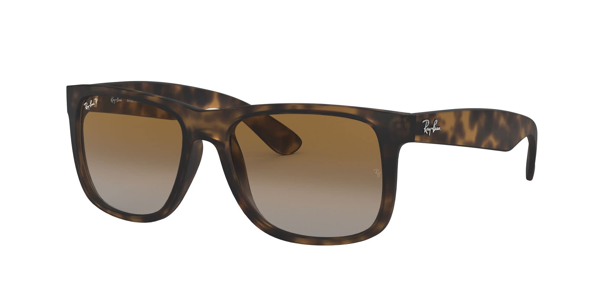 Ray-Ban RB4165 Justin Rectangular Sunglasses, Rubber Havana/Polarized Grey Gradient Brown, 55 mm