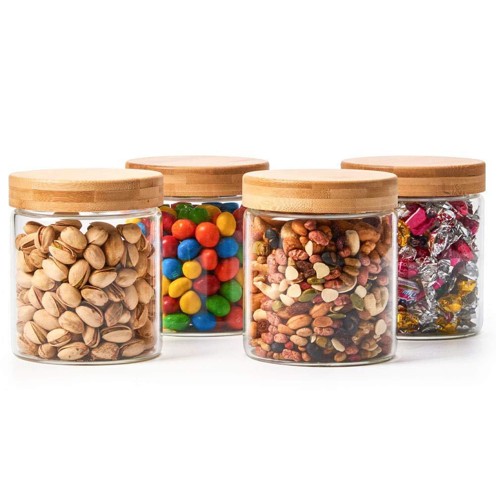 EZOWare Set of 4 Glass Food Jars with Airtight Natural Bamboo Lids, 20 fl oz Kitchen Clear Canister Storage Container Set for Storing Candy, Cookie, Rice, Sugar, Flour, Spices, Nuts, Coffee, Pasta