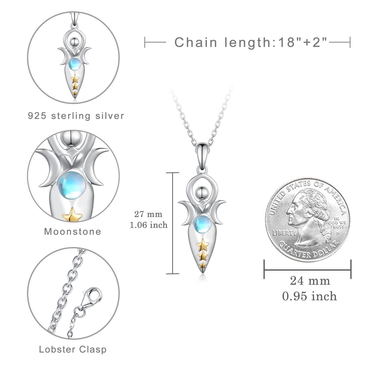 CVRAVO Triple Moon Goddess Necklace Sterling Silver Moonstone Moon Pendant Necklace Pagan Wiccan Magic Amulet Jewelry Gifts For Women