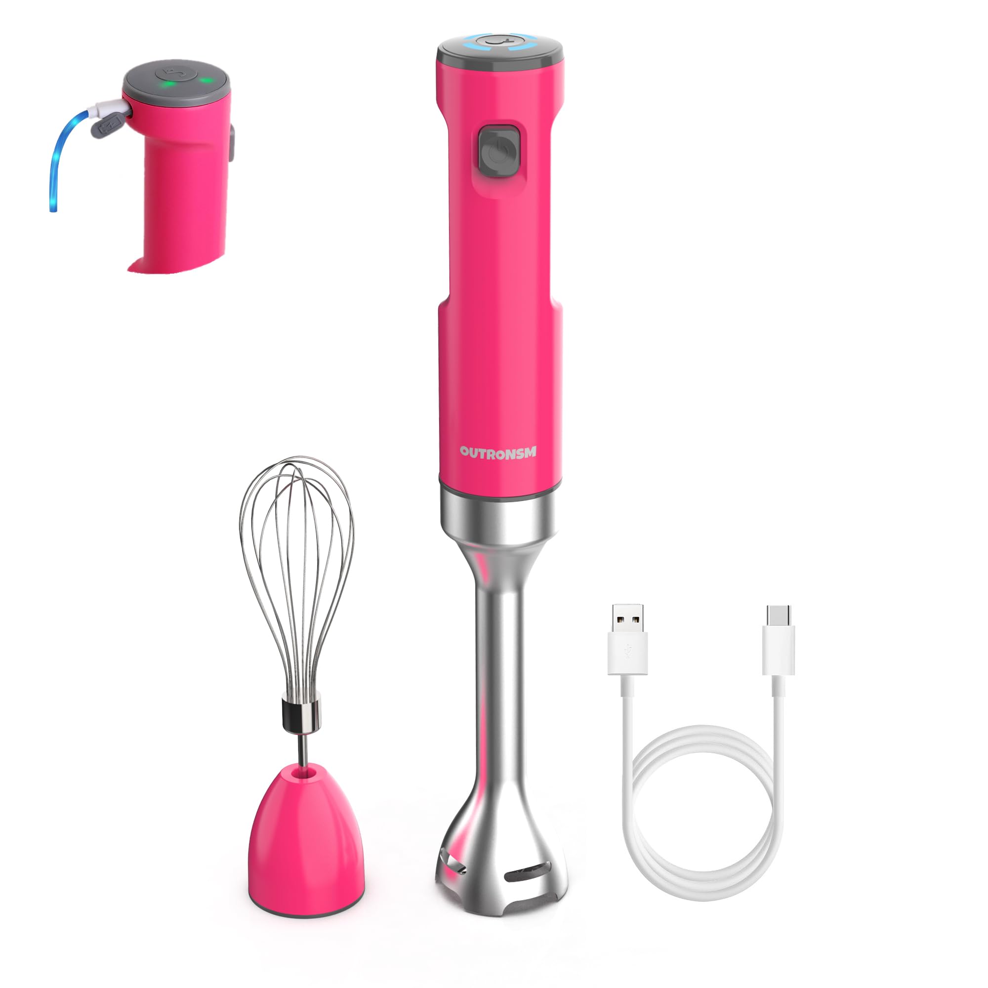Cordless Hand Blender, OUTRONSM Cordless Immersion Blender Rechargeable, with Charging Cable, Egg Whisk, for Smoothies, Milkshakes, Hummus and Soups β Red