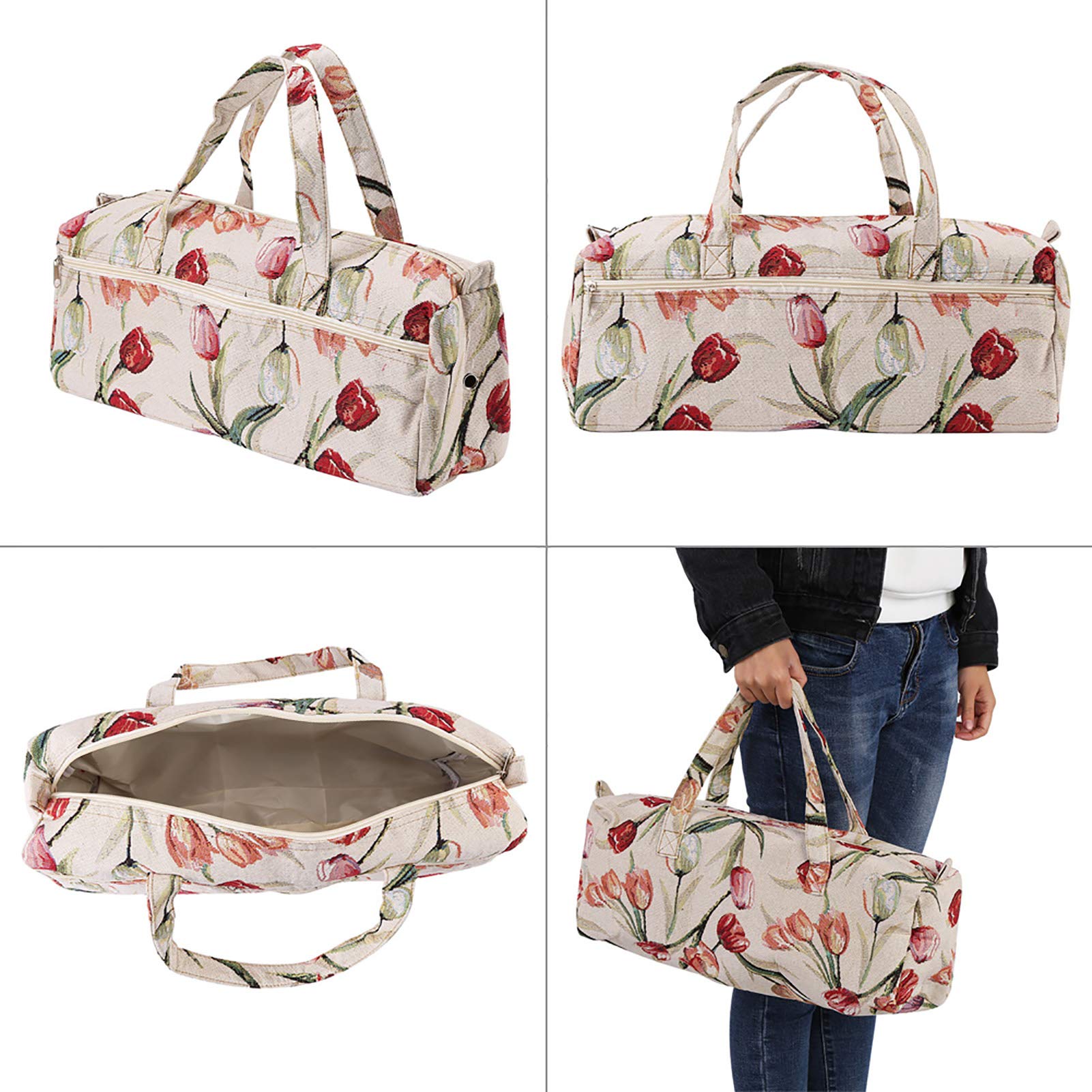 Tyenaza Woven Storage Bag, Fabric Knitting Needles Bag Large Household Yarn Organizer Bag for Knitting Needles Sewing Tools (Rose Jacquard)