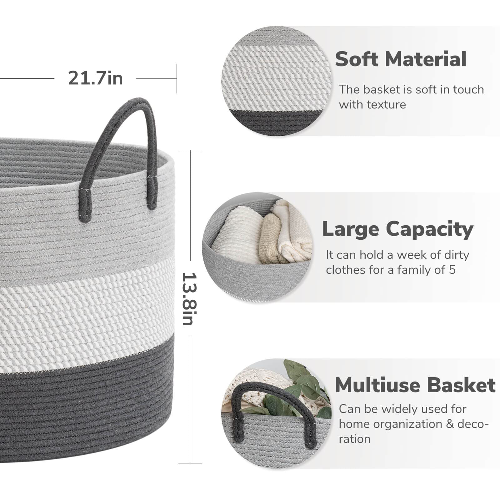 HiChen XXL Large Woven Rope Storage Basket with Handles, Grey, 21.7 x 13.8 in